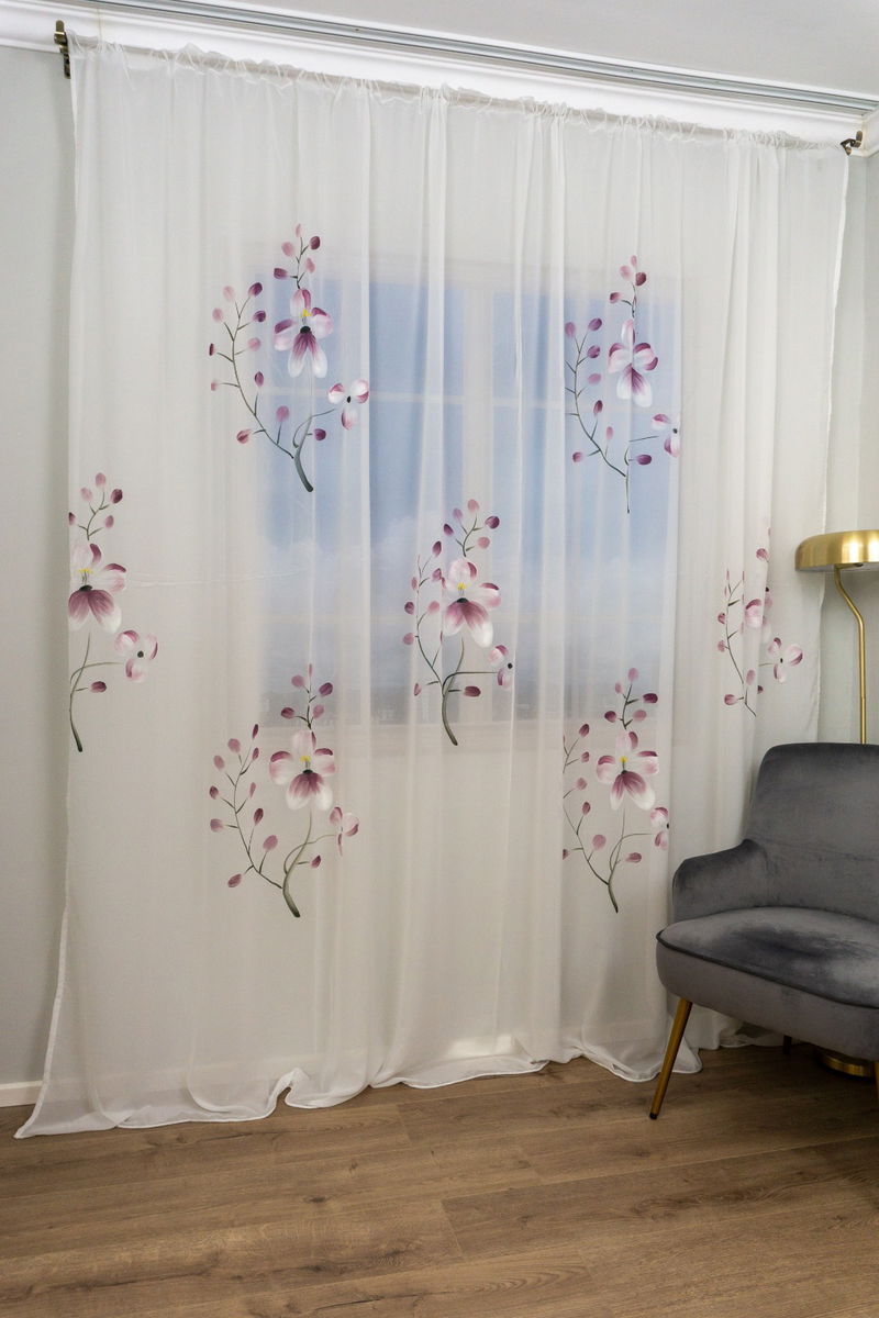 Perdea Ramură Flori Mov din Mătase cu Rejansa - PERD039