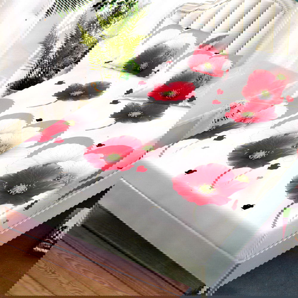 Cearceaf din Finet cu Elastic - 160/180x200 + 2 Fete Perna - Maci Rosii ...