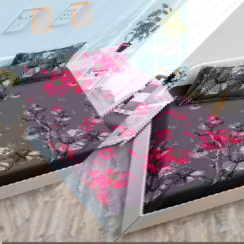 Cearceaf din Finet cu Elastic - 160x200 + 2 Fete Perna - Flori Roz ...