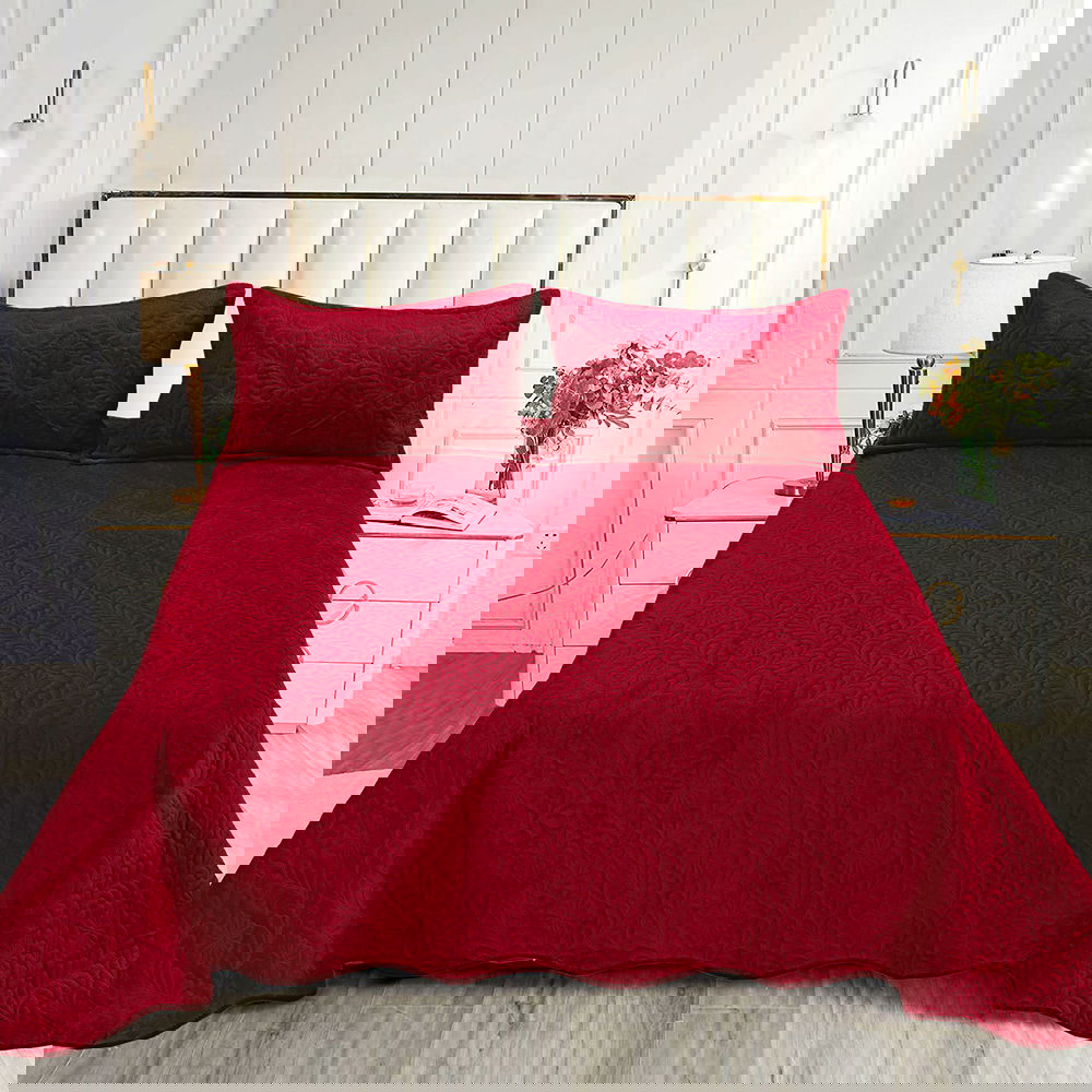 Set 3 Piese Cuvertura de Pat Uni Catifea + 2 Fete de Perna 54x75 cm - Bordo - CVF_M108