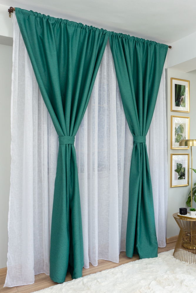 Set 2 Draperii din In 100x180cm cu Rejansa - Verde Marin - DIN008 ...