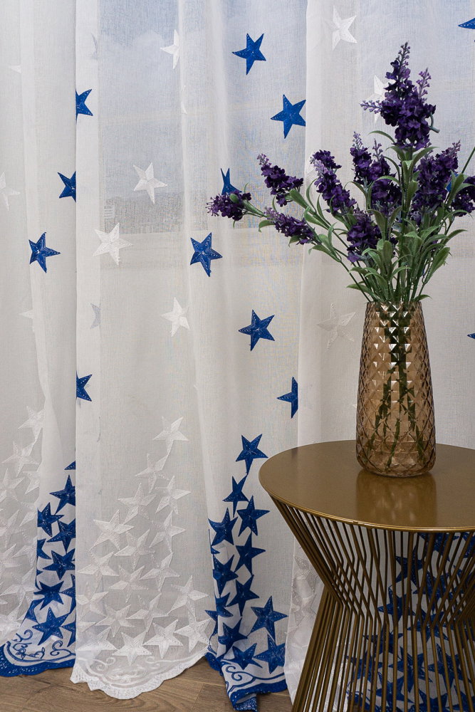 Perdea din In cu Stelute Albastre 150x245cm cu Rejansa - PERD051A ...