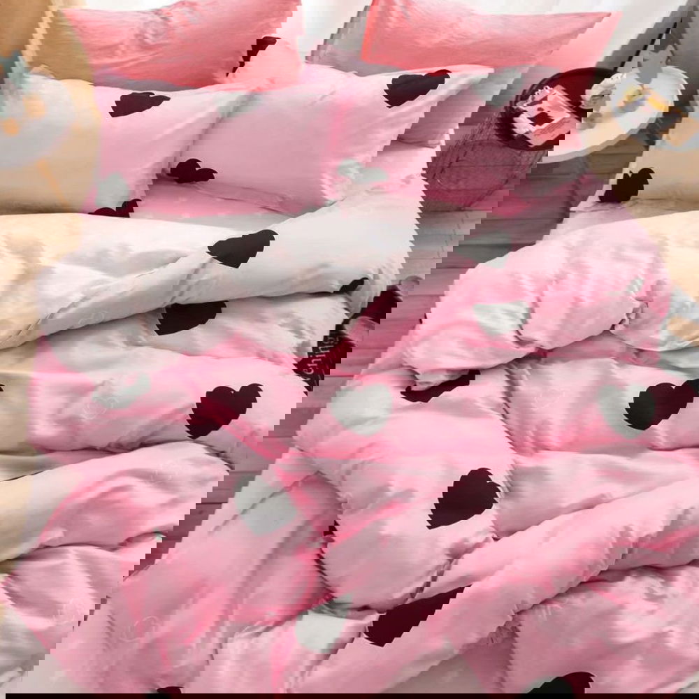 Lenjerie de Pat Roz cu Inimoare Negre - DUO Bumbac Satinat - LBD1142