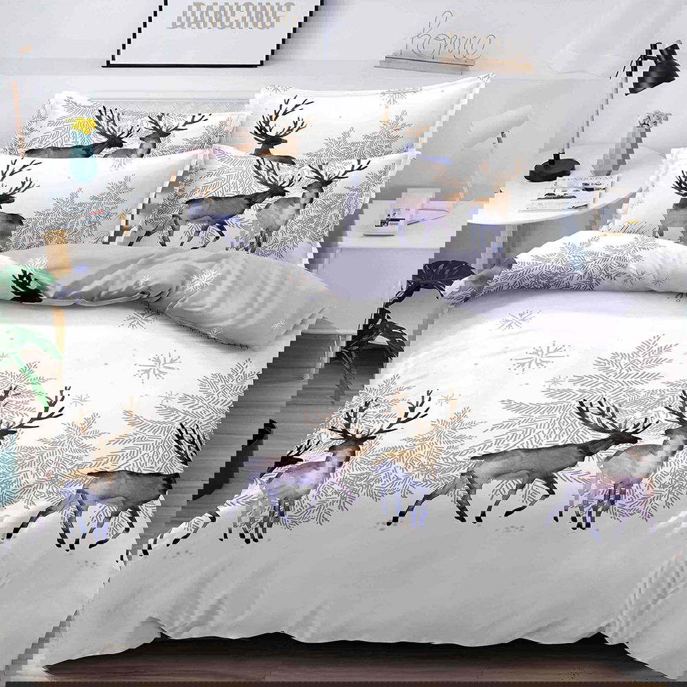 Lenjerie Bumbac Finet 1 Persoana 4 piese - Alba cu Reni - LFSGCJ0017