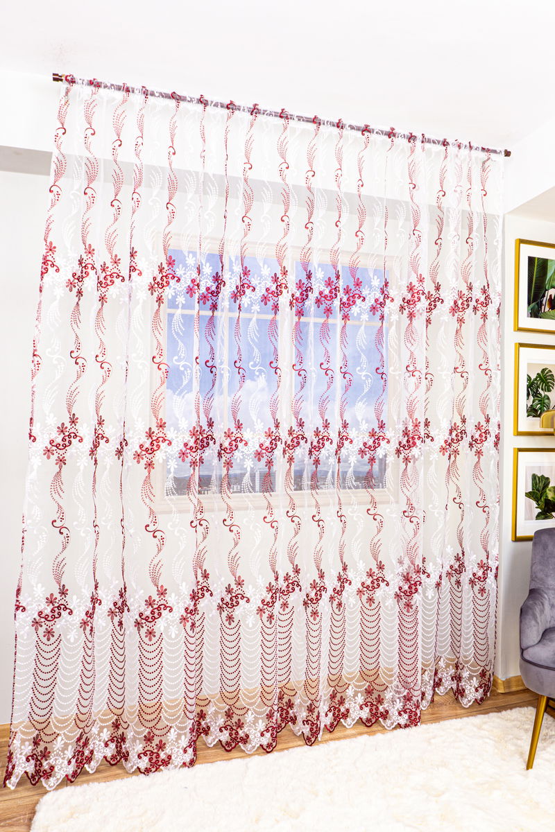 Perdea din Organza cu Flori Rosii Brodate 160x245cm cu Rejansa ...